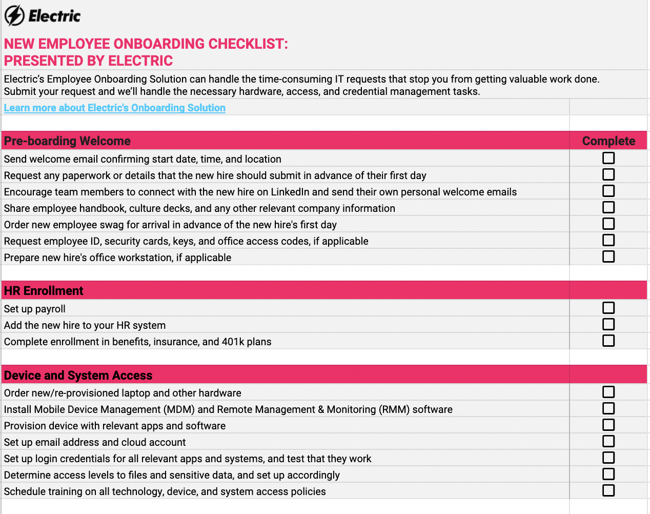 The Ultimate Employee Onboarding Checklist for New Employees | Electric